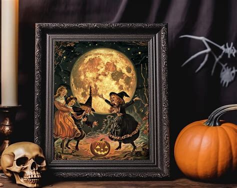 Halloween Vintage Witches Dancing Around A Pumpkin In The Moonlight Art