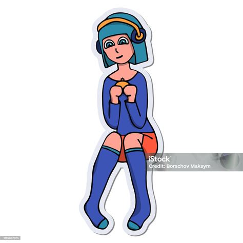 손과 헤드폰 스티커에 게임 패드와 귀여운 흰색 소녀 게이머 흰색 배경 격리 벡터 일러스트레이션 Brand Name Video Game에 대한 스톡 벡터 아트 및 기타 이미지