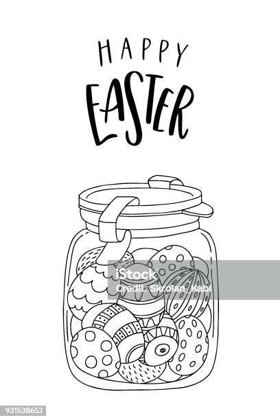 부활절 달걀과 필기 텍스트 손으로 그려진된 항아리 행복 한 부활절 인사말 카드 부활절 달걀에 대한 스톡 벡터 아트 및 기타 이미지 부활절 달걀 항아리 검은색 Istock