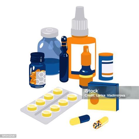 약 정제 캡슐 물집 액체 의약품이있는 유리 병 및 캡이있는 플라스틱 튜브가있는 구성 약국 상점 개념 벡터 그림입니다 건강관리와 의술에 대한 스톡 벡터 아트 및 기타 이미지