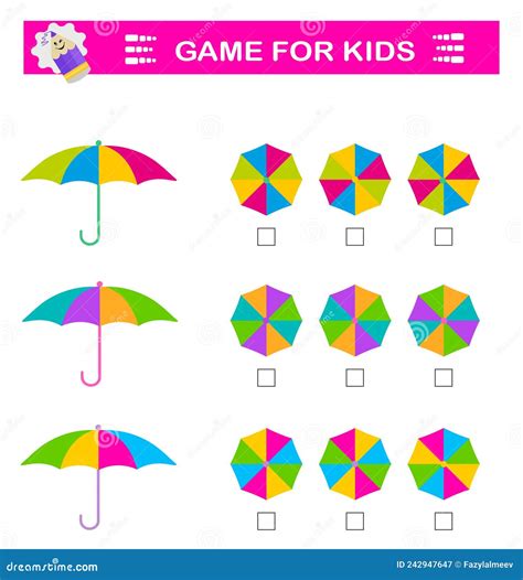 Logical Puzzle Game Need To Find Correct Top View Of Umbrellas Iq Training Test Stock Vector