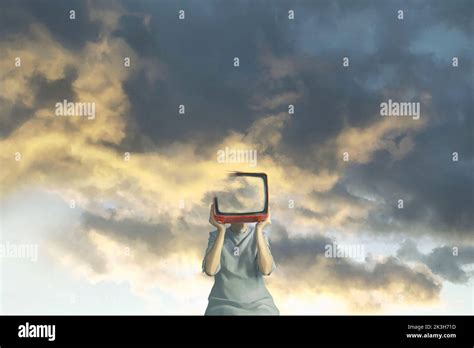Surreal Illustration Of A Woman With Her Head Hidden By A Tv Projecting