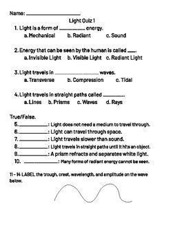 Light Quiz By Kaitlyn McQuigg TPT