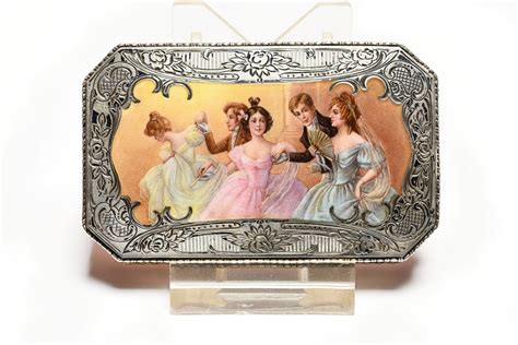 Victorian Revelry Antique Silver Enamel Case Party Dance Scene Depiction