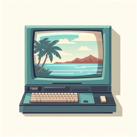 Retro Computer Screen On Beach Enigmatic Tropics And Vintage Retro Colors Stock Illustration
