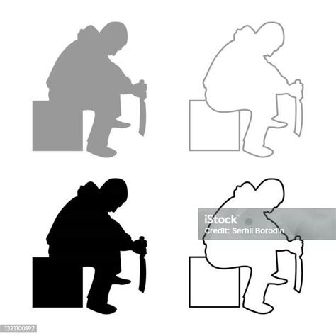 칼 마체테 콜드 무기를 손에 들고 있는 남자 칼 싸움으로 헌터 포즈 강한 수비수 컨셉 무기 상자 실루엣 회색 블랙 컬러 벡터