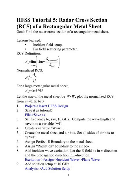 pdf hfss tutorial 5 radar cross section rcs of a juiching hfss