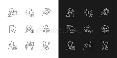 Heatstroke Risk During Summer Linear Icons Set For Dark And Light Mode Stock Vector