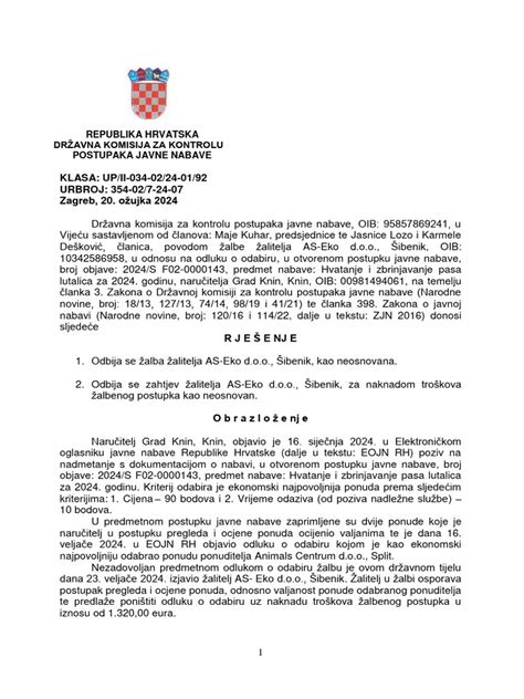 Klasa Upii 034 0224 0192 Urbroj 354 027 24 07 Zagreb 20 Ožujka