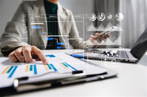 Premium Photo Businesswoman Hand Project Manager Working And Update Tasks And Gantt Chart