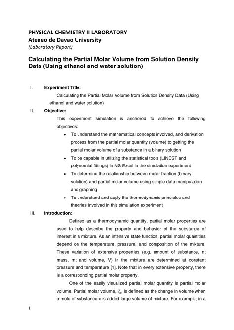 SOLUTION Calculating The Partial Molar Volume From Solution Density Data Using Ethanol And