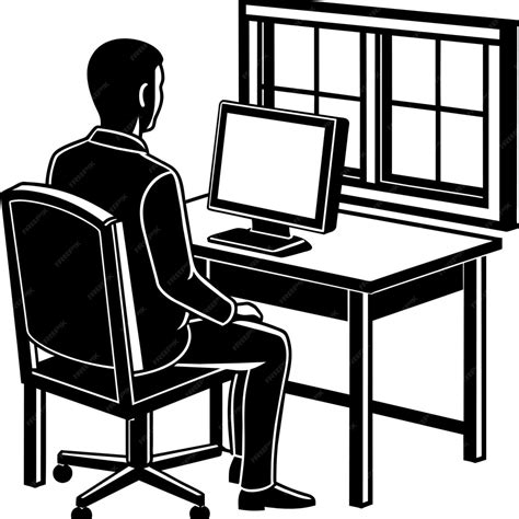 A Man Sits At A Desk In Front Of A Computer Monitor Premium Ai Generated Vector