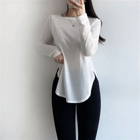 [1 1할인 무배] 라운드 긴팔 롱 이너 레이어드 옆트임 면 티셔츠 5color 엘오브유