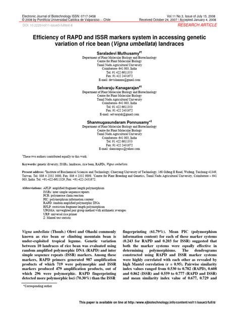 Muthusamy Et Al 2008 Efficiency Of Rapd And Issr Markers System In Accessing Genetic Pdf