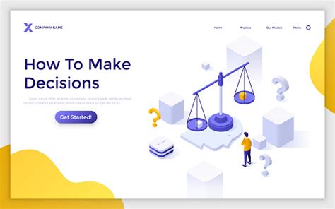 인간의 머리에 체중계를 보고 있는 남자가 있는 랜딩 페이지 템플릿입니다 의사 결정의 개념 두 가지 옵션 사이의 선택 문제 해결 웹 사이트에 대 한 현대 Isometric