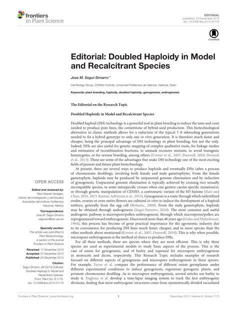 Pdf Editorial Doubled Haploidy In Model And Recalcitrant Species