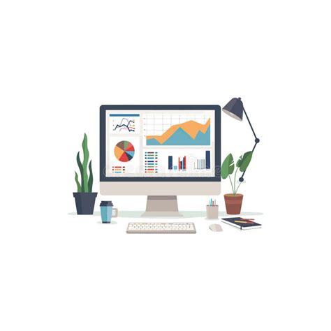 Modern Workspace With Computer And Charts Vector Illustration Design