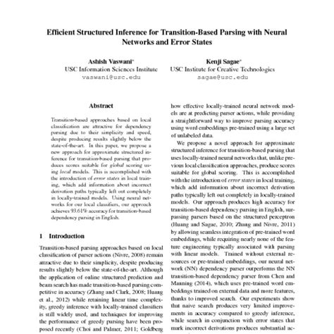 efficient structured inference for transition based parsing with neural networks and error