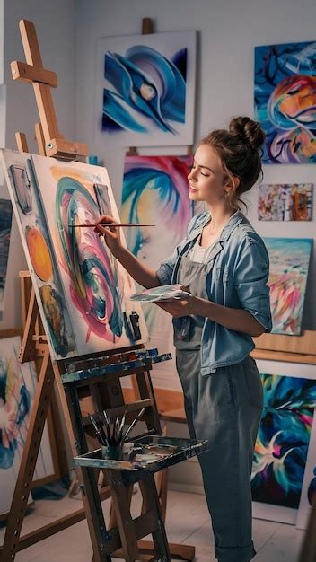 스튜디오에서 그림을 그리는 여성 예술가 프리미엄 Ai 생성 이미지