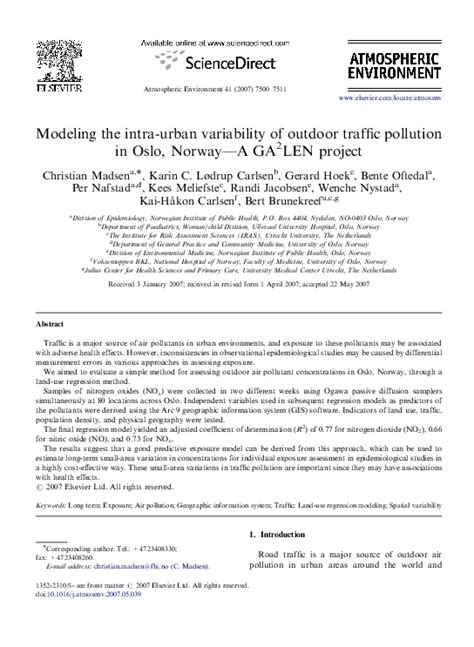 Pdf Modeling The Intra Urban Variability Of Outdoor Traffic Pollution In Oslo Norway—a Ga2len