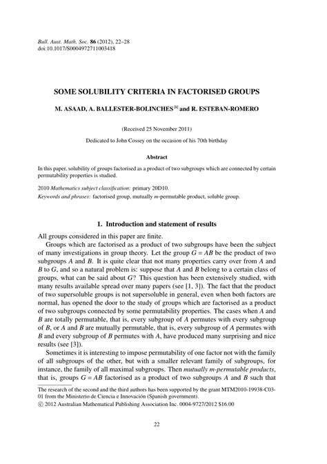 Pdf Some Solubility Criteria In Factorised Groups