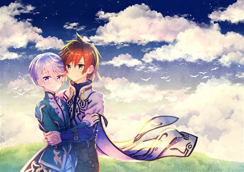 배경 화면 남자 그림 삽화 애니메이션 소녀들 노란 눈 짧은 머리 갈색 머리의 잔디 하늘 구름 자주색 머리카락 자주색 눈 테스 예일 리아 스케치