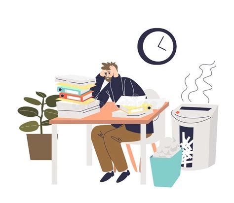 Tired Businessman Overworked With Piles Of Documents At Office Desk