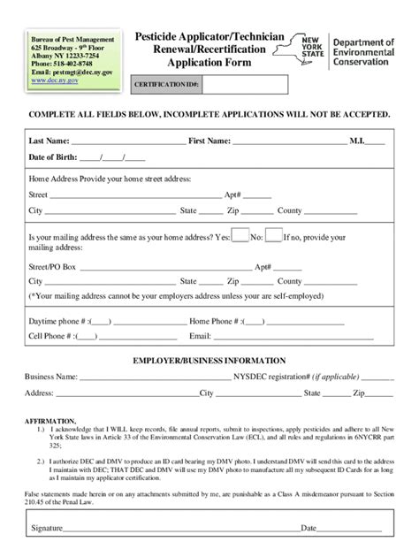 Fillable Online Dec Ny Pesticide Applicator Technician Renewal Recertification Application