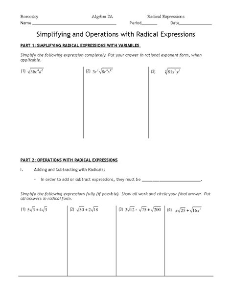 9 Radical Operations Notes And Assignment Name Period Date