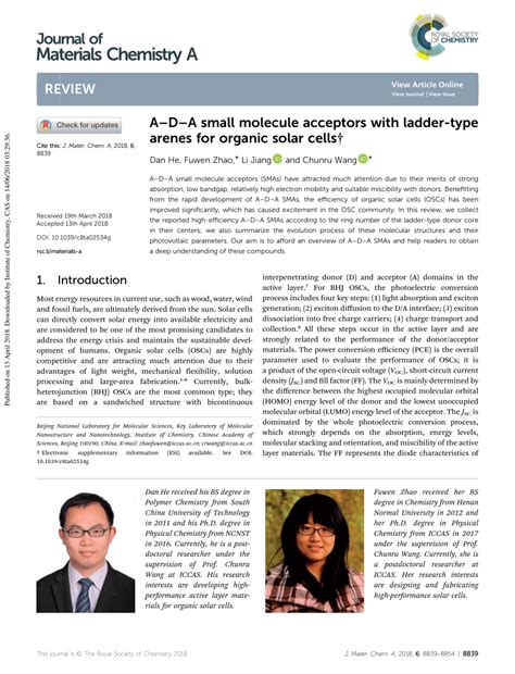 Pdf A D A Small Molecule Acceptors With Ladder Type Arene For Organic Solar Cells