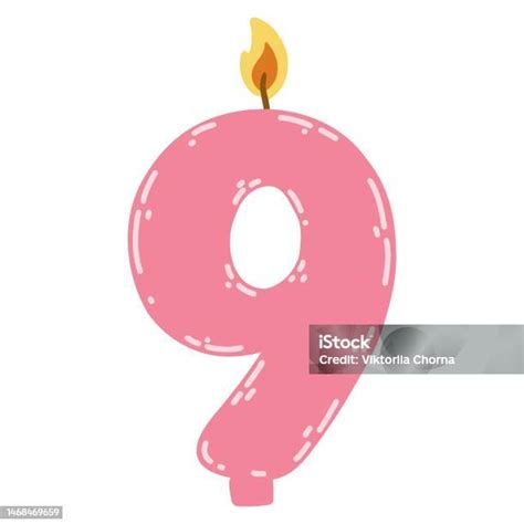 플랫 스타일의 캔들 번호 9 손으로 그린 벡터 일러스트 레이 션 9 기호 불타는 촛불 생일 케이크에 대 한 디자인 요소 0명에