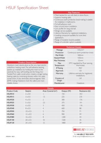 Heatstore HSUF Specification Sheet
