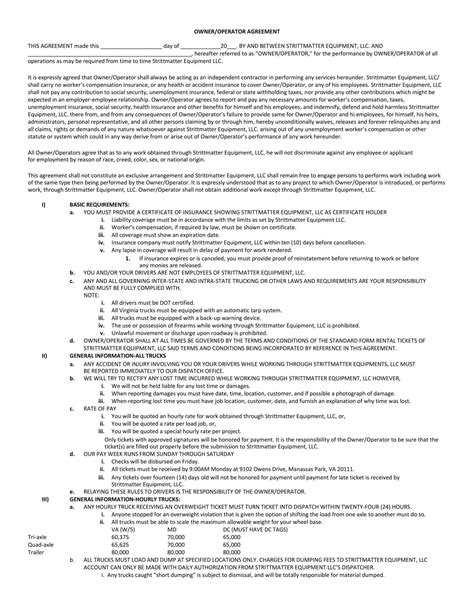 Free Printable Owner Operator Lease Agreement Template Word PDF Forms