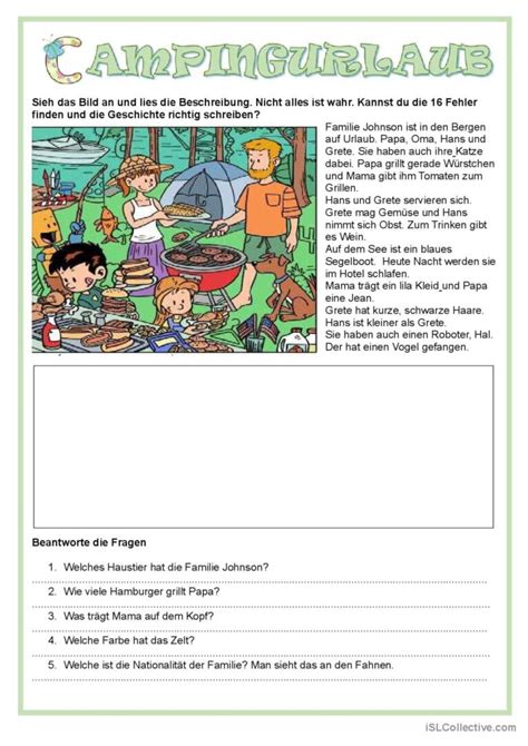 Bildbeschreibung Campingurlaub All English ESL Worksheets Pdf Doc