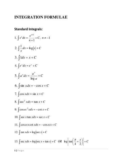 Integration Formulae Pdf Area Mathematical Physics