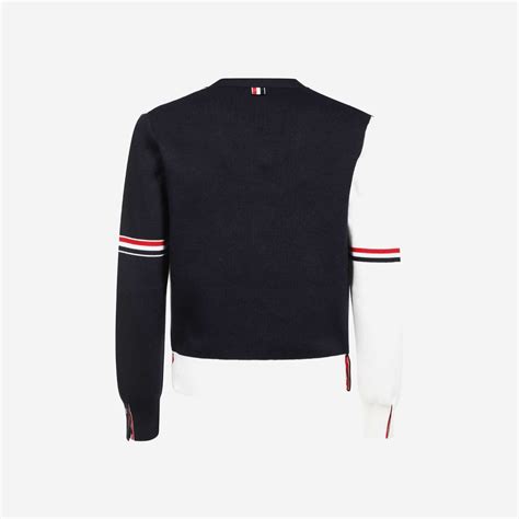 톰브라운 Rwb 스트라이프 코튼 밀라노 스티치 브이넥 가디건 화이트 Thom Browne Kream