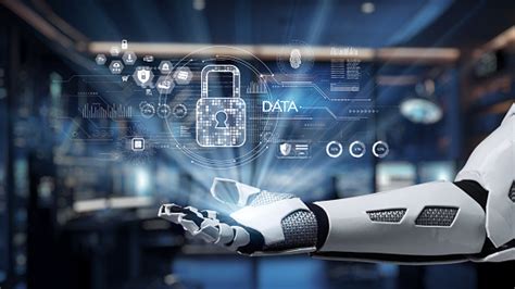 미래 지향적인 로봇 손은 밝은 파란색 톤으로 현대 기술 환경에서 디지털 보안 기호와 데이터 보호 개념을 제공합니다 오바나 가상현실에 대한 스톡 사진 및 기타 이미지 Istock