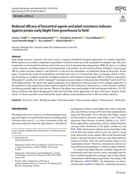 Reduced Efficacy Of Biocontrol Agents And Plant Re Pdf Potato Botany