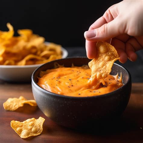 Premium Photo A Hand Holding A Potato Chip Is Dipping Into A Bowl