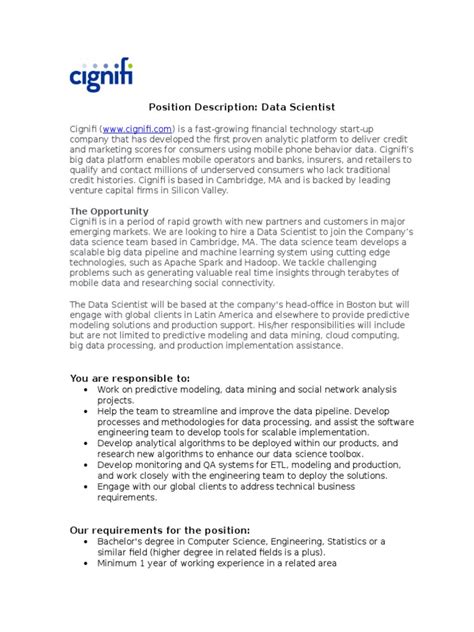 Data Scientist Job Descriptiondocx Data Science Big Data