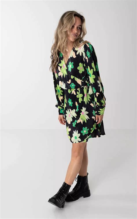 Plissé jurk met print en strikdetail - Zwart Groen