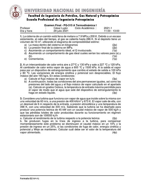 Examen Final De Termodinámica I Con Problemas De Cálculos