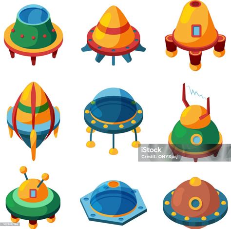 Ufo와 우주선 아이소메트릭 벡터 Ufo 아이콘 흰색 절연 개념에 대한 스톡 벡터 아트 및 기타 이미지 개념 개체 그룹