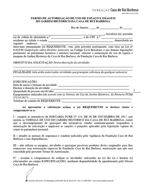 Termo De Autorização Uso Espaço E Imagem Do Jardim Histórico Pdf