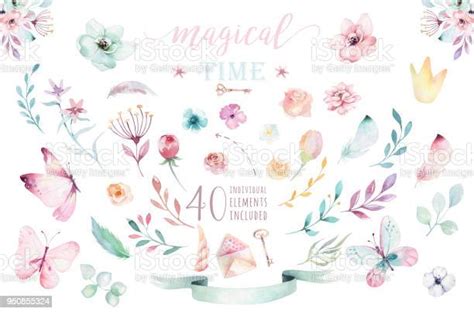 손 그리기 고립 Boho 수채화 꽃 잎 가지 꽃 꽃 그림 보헤미안 녹지 꽃과 나비입니다 웨딩 카드 인사에 대 한 요소입니다 요정