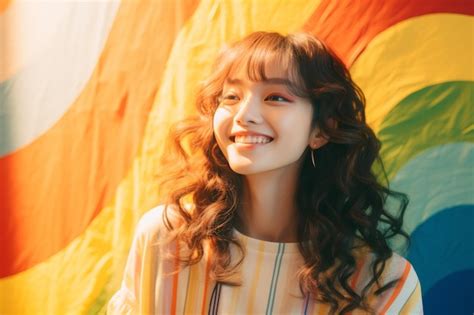 Premium Photo A Woman With Long Curly Hair Standing In Front Of A Colorful Wall