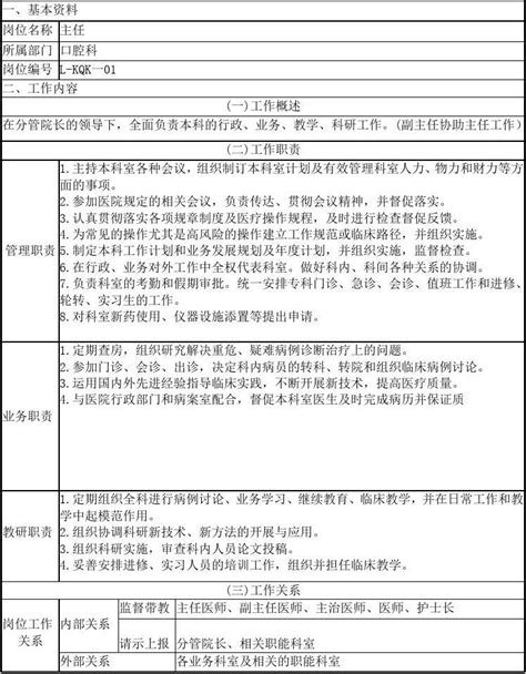 口腔科主任岗位说明书 word文档在线阅读与下载 无忧文档