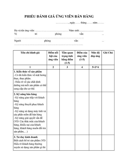 PHIẾU ĐÁNH GIÁ PHỎNG VẤN ỨNG VIÊN PHIẾU ĐÁNH GIÁ ỨNG VIÊN BÁN HÀNG