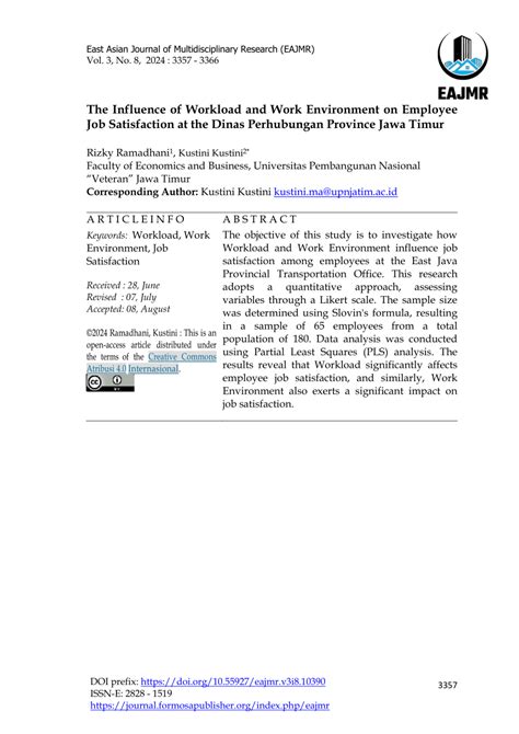 Pdf The Influence Of Workload And Work Environment On Employee Job