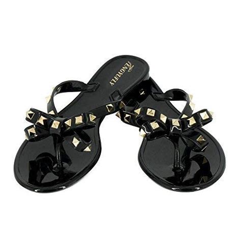 Tengyufly Womens Rivets Bowtie Flip Flops Jelly Thong Sandal
